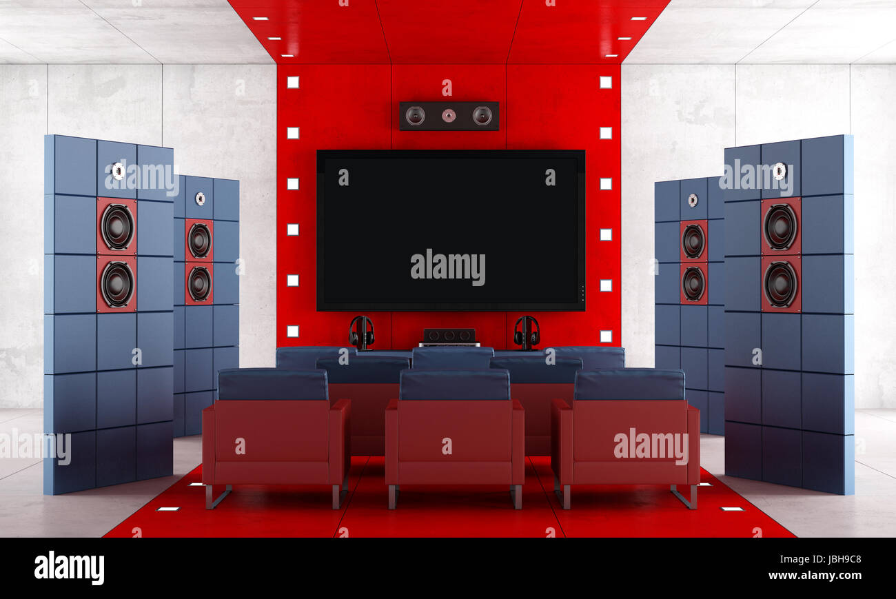 Red and blue contemporary home theater - rendering Stock Photo - Alamy
