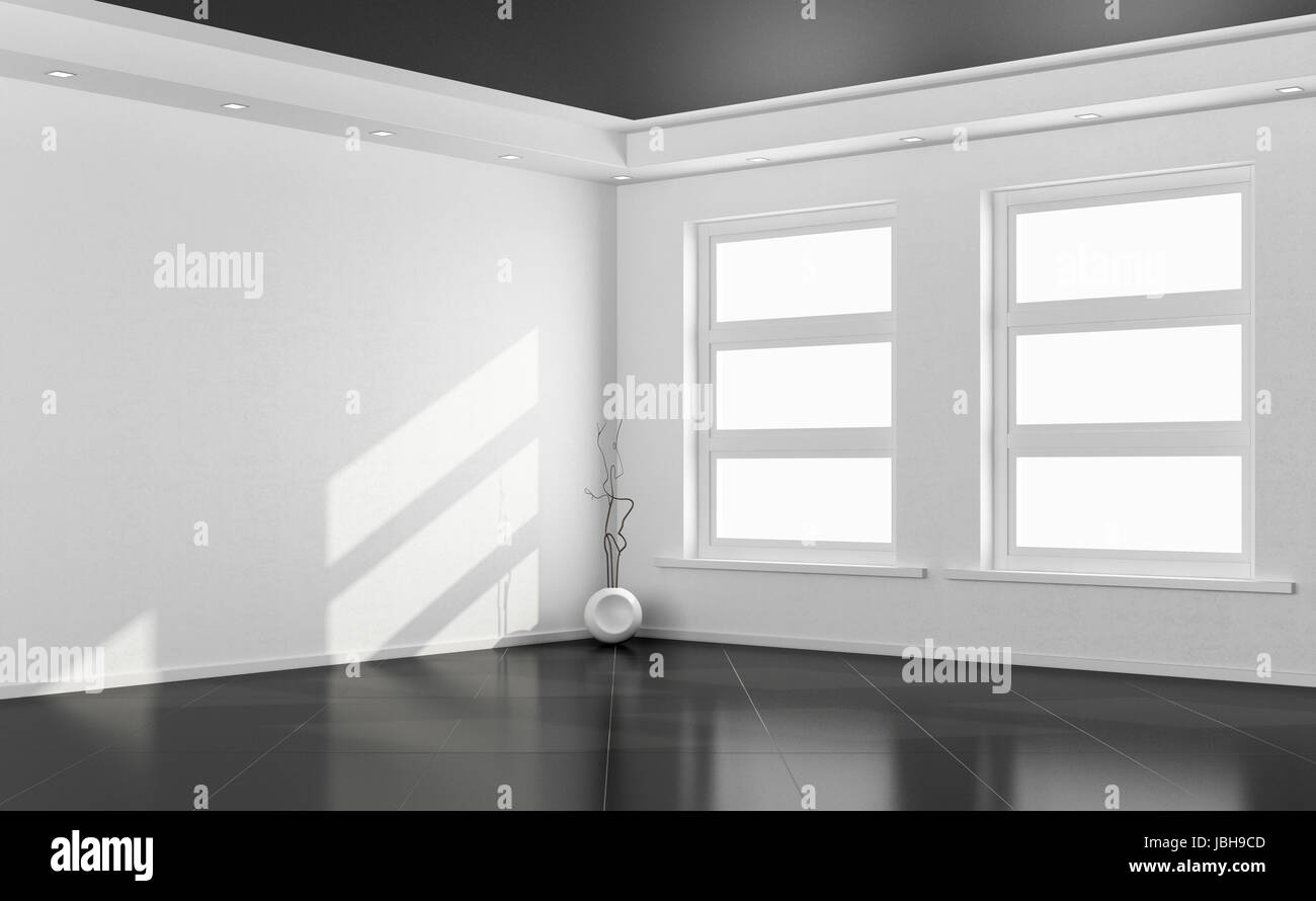 Black and white empty room with two windows - rendering Stock Photo - Alamy