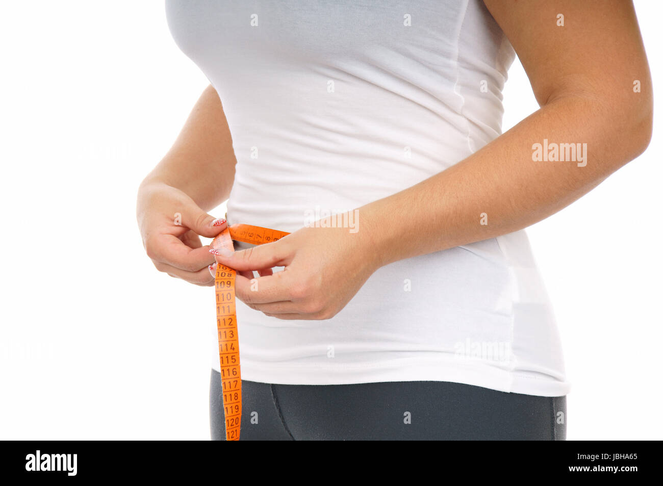 Woman measuring her waist Stock Photo - Alamy