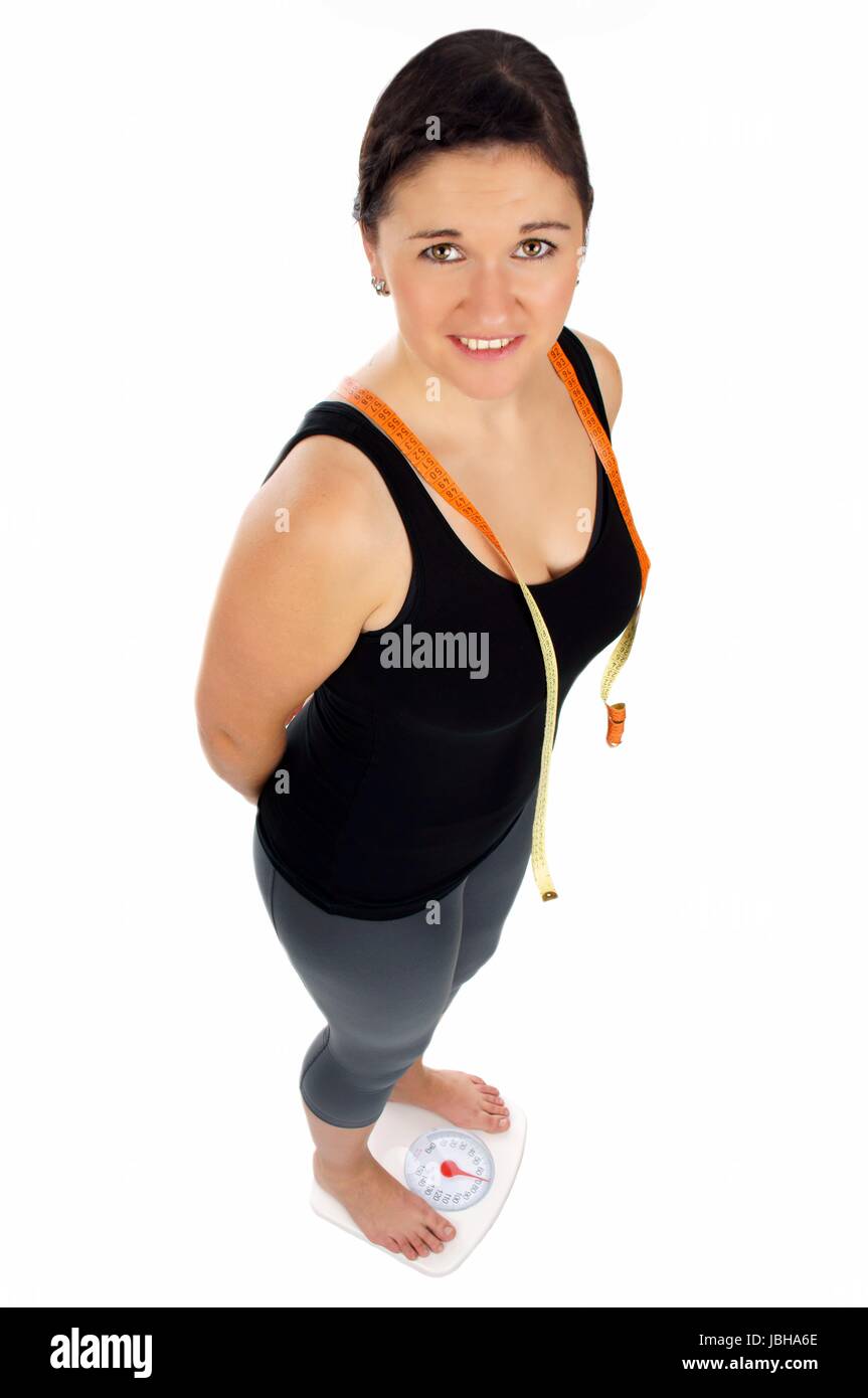 young woman with a weight scale with shocked face Stock Photo - Alamy