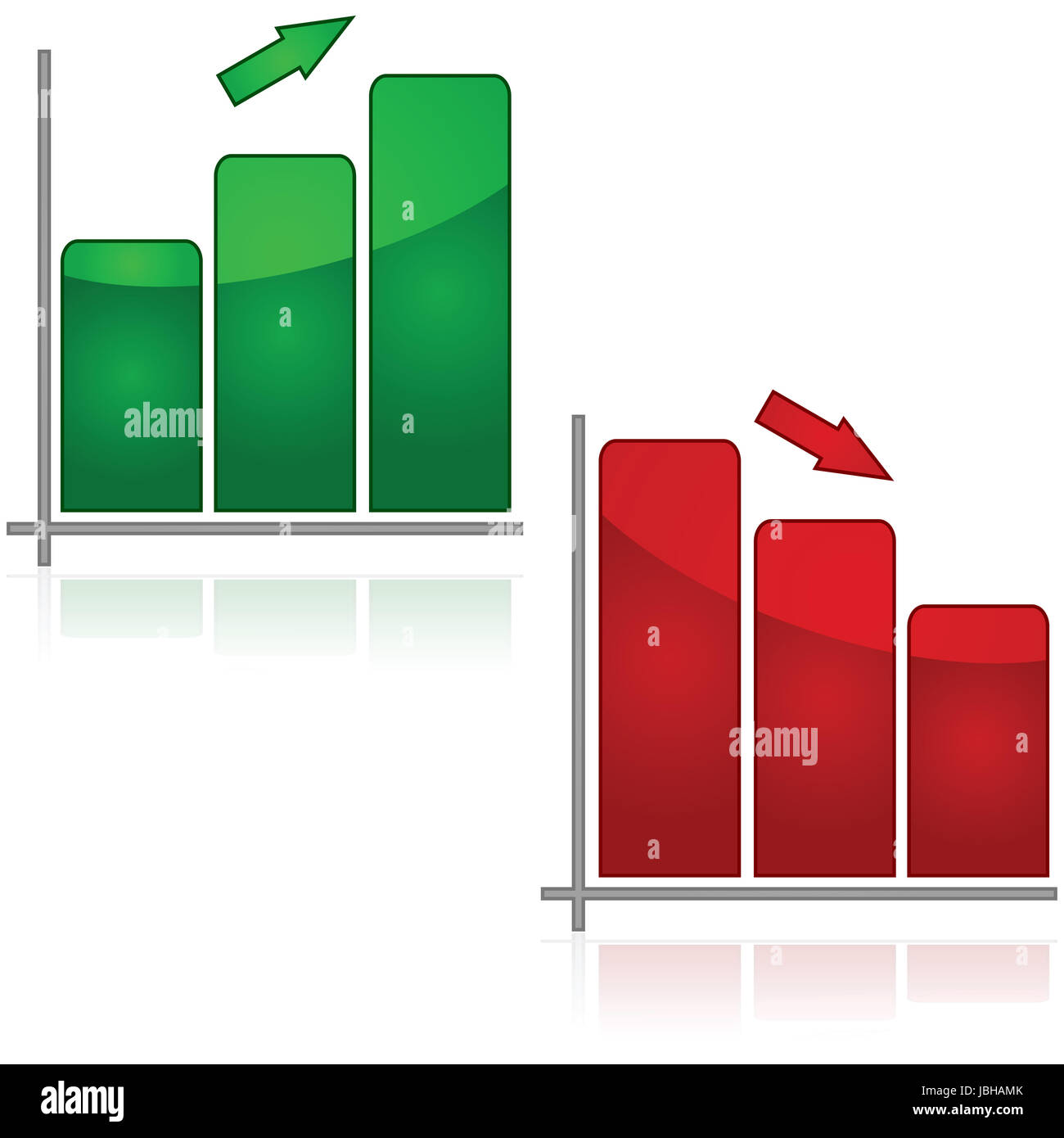 Glossy illustration showing a green graph trending up and a red one ...