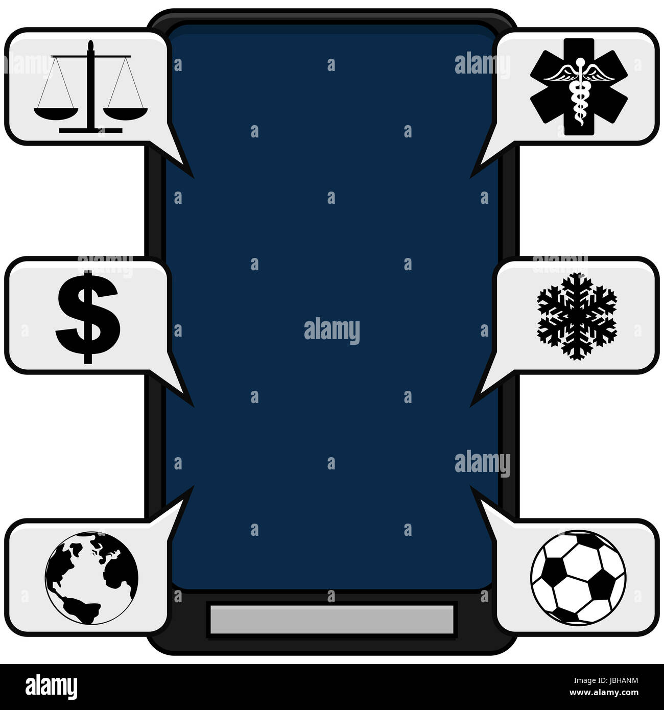 Cartoon illustration showing a smartphone and different topics being ...
