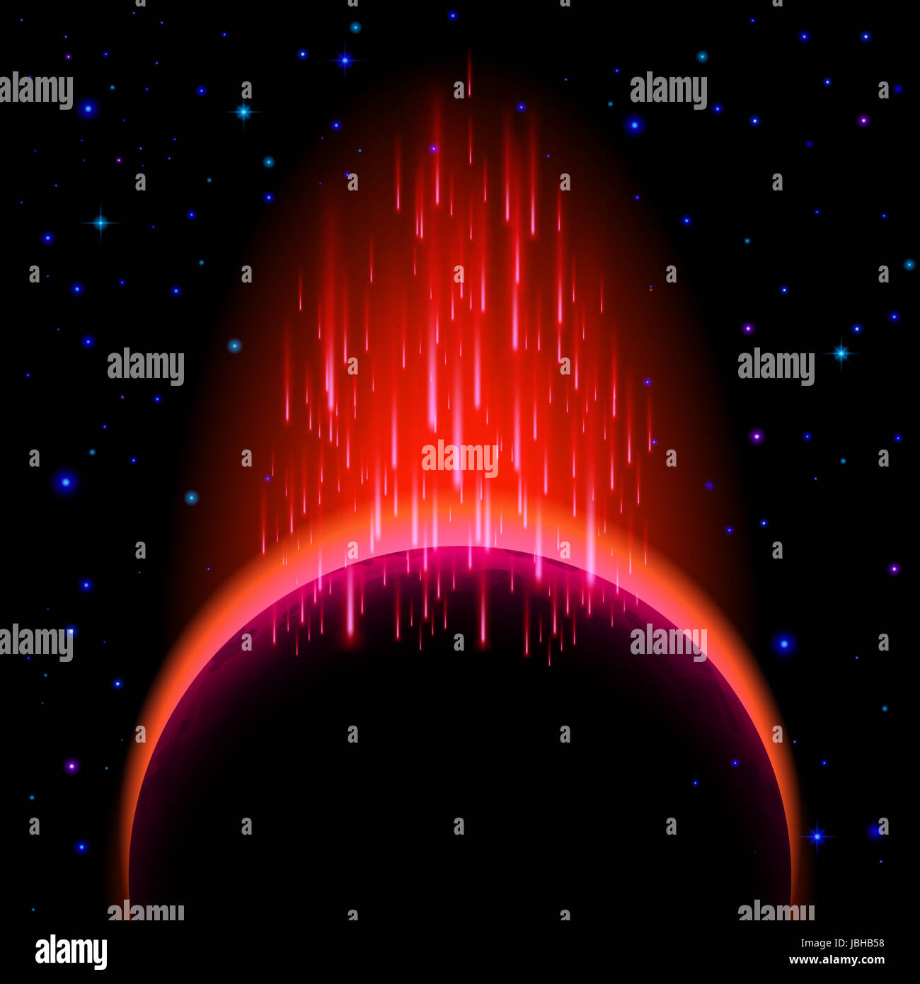 Space background. Dark planet with red radiance and star shower Stock ...