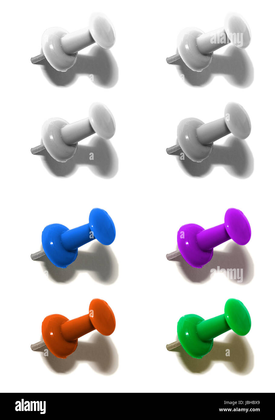 set of multicolored thumbtacks with shadow on white background Stock ...