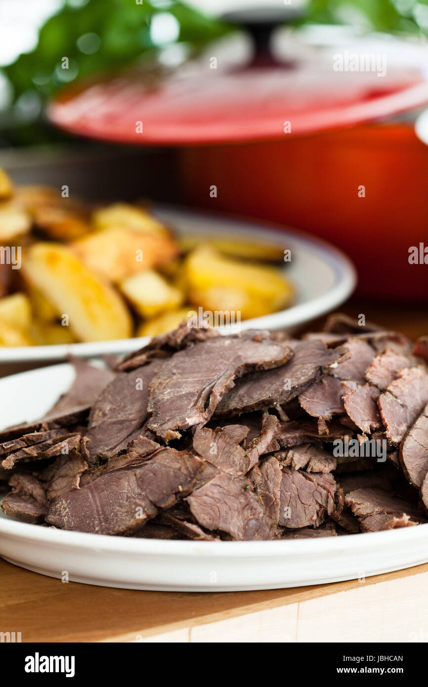 Closeup of slices of cooked beef on white serving plate with plate of ...