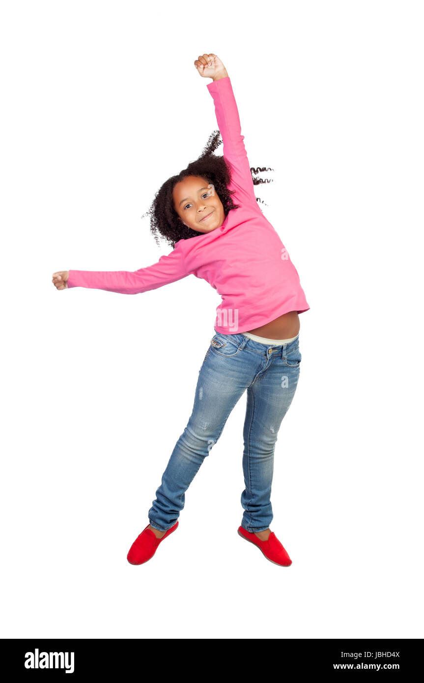 Funny girl jumping isolated on a white background Stock Photo - Alamy