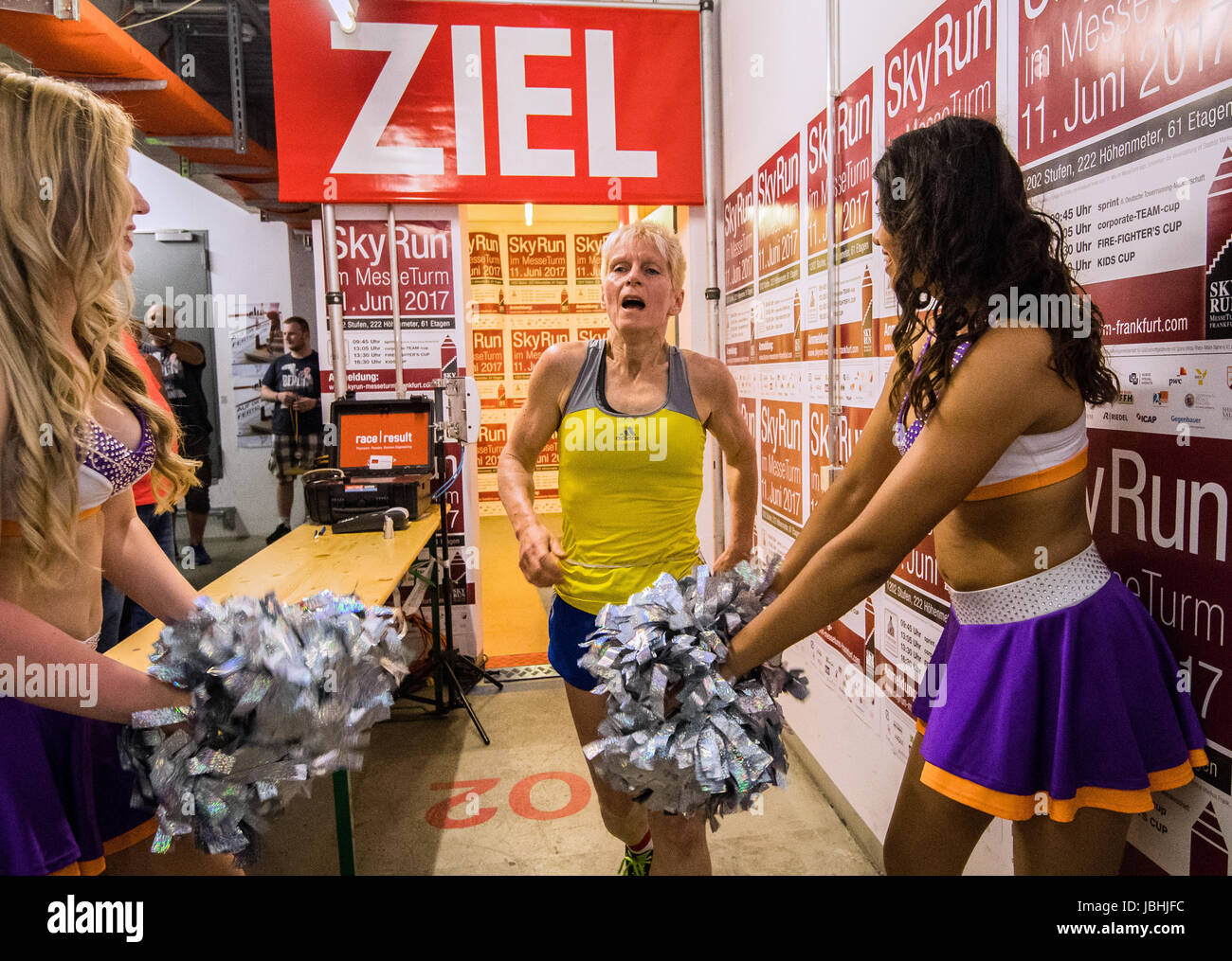 Sylvia Jacobs from LC Ron-Hill Berlin reaches the finish line in Frankfurt am Main, Germany, 11 ...