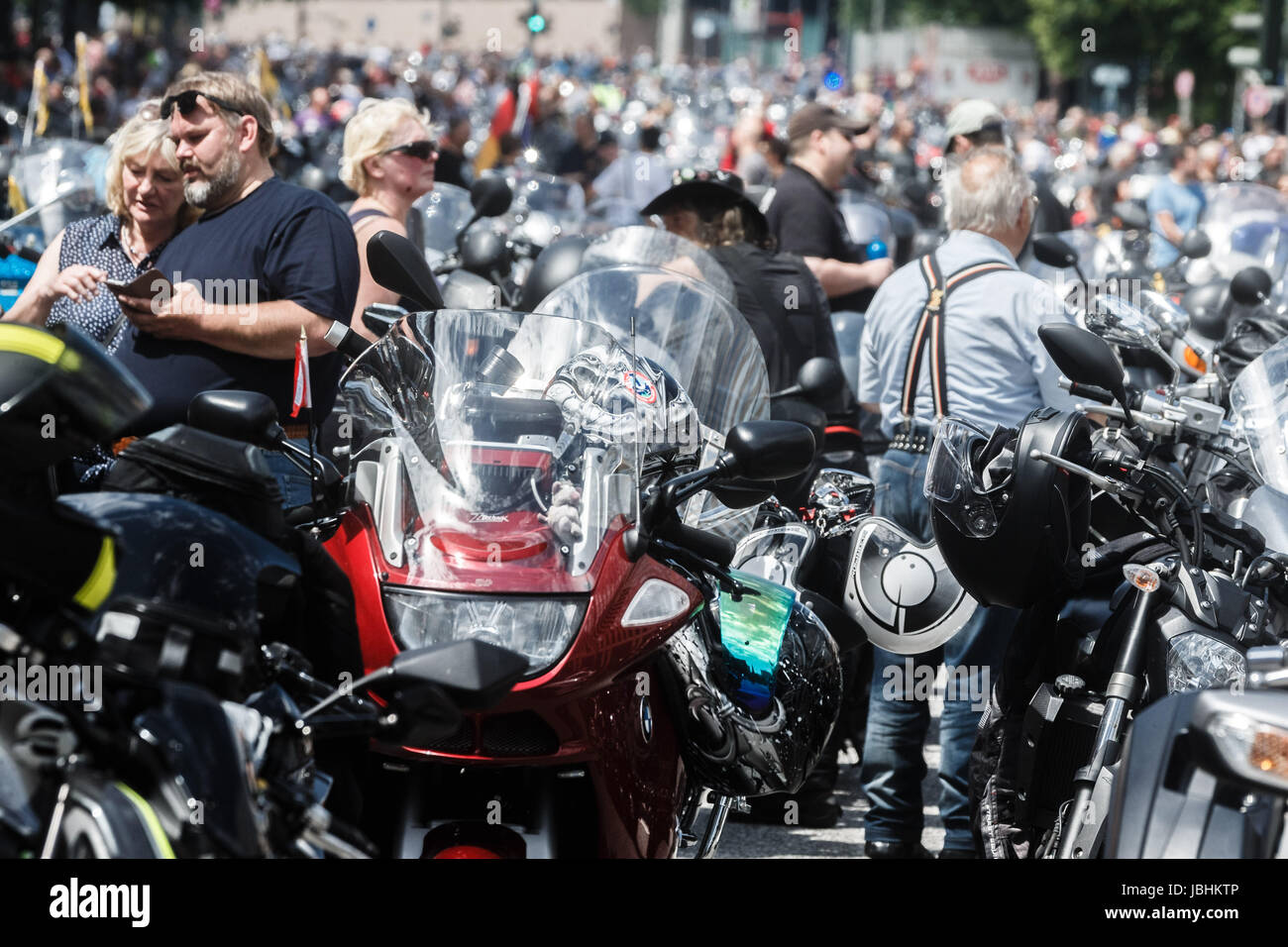 Hamburg, Germany. 11th June, 2017. Motorcycles and their drivers can be ...
