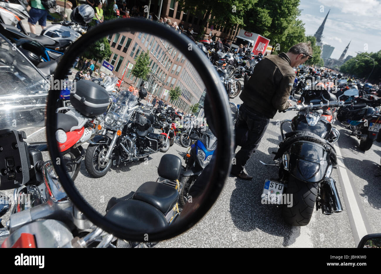 Hamburg, Germany. 11th June, 2017. Motorcycles and their drivers can be ...