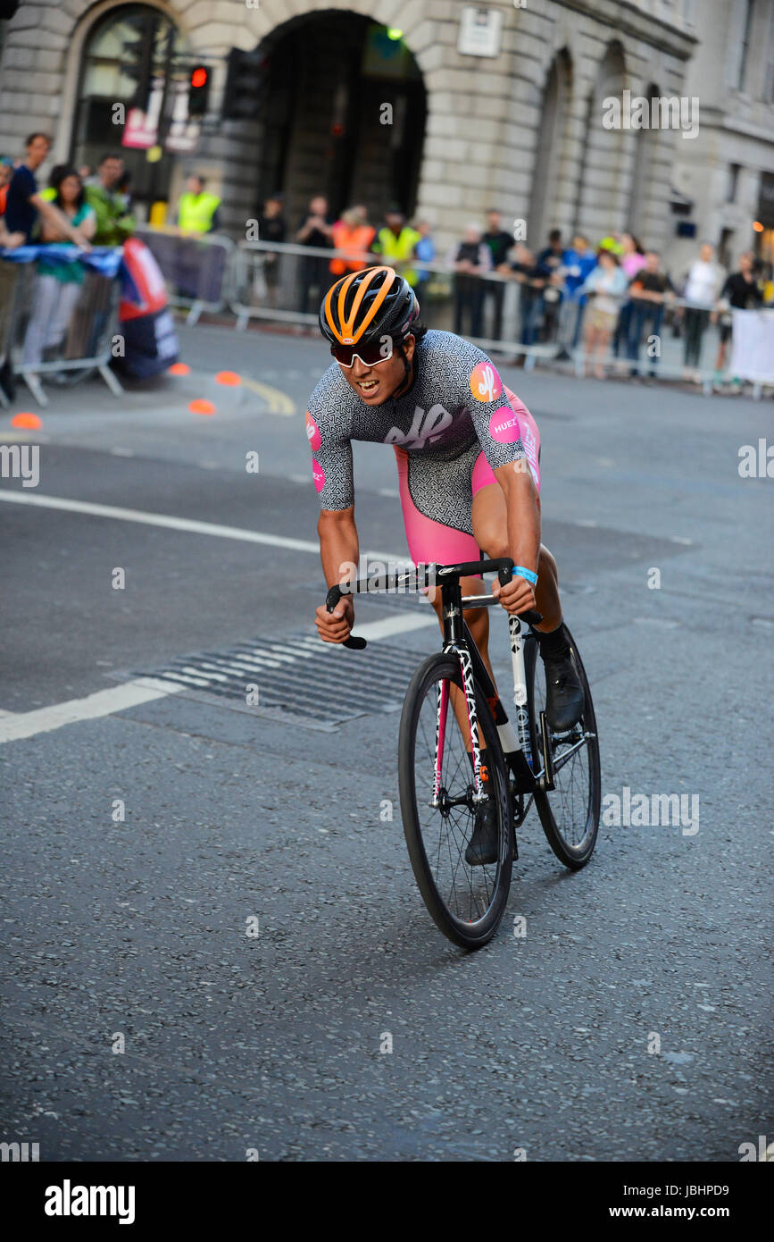 London, UK. 10th June, 2017. A cyclist racing through the streets ...