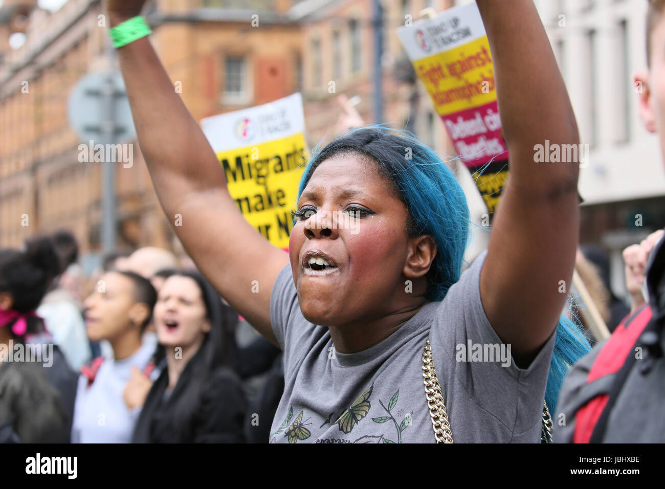 Manchester, UK. 11th June, 2017. Anti racist protester in Manchester ...