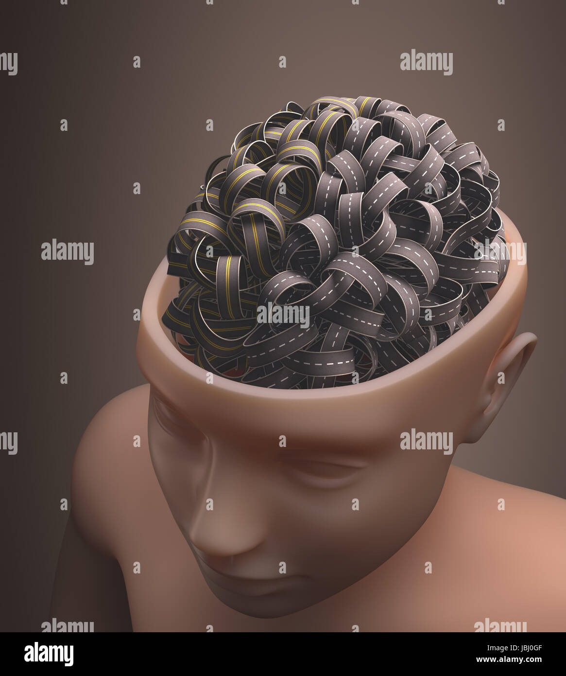 Several highways intertwined forming a human brain. Concept of confused ...