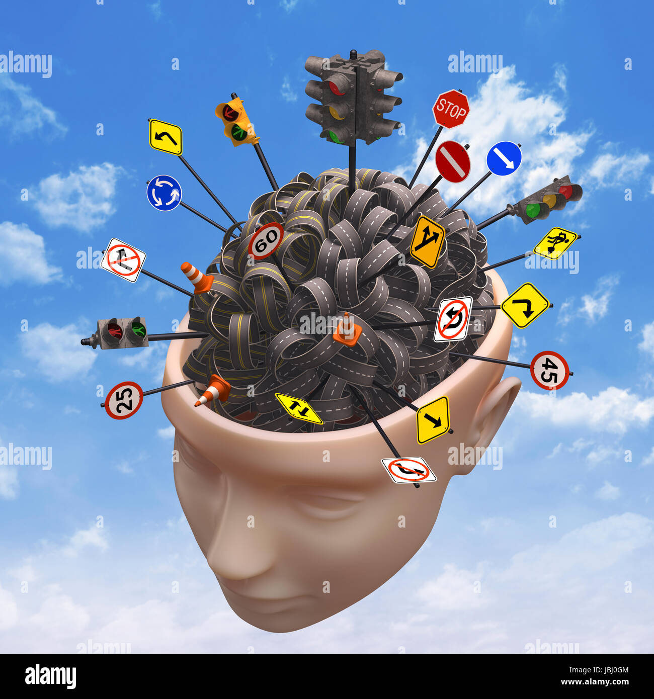 Several highways intertwined forming a human brain. Concept of confused ...