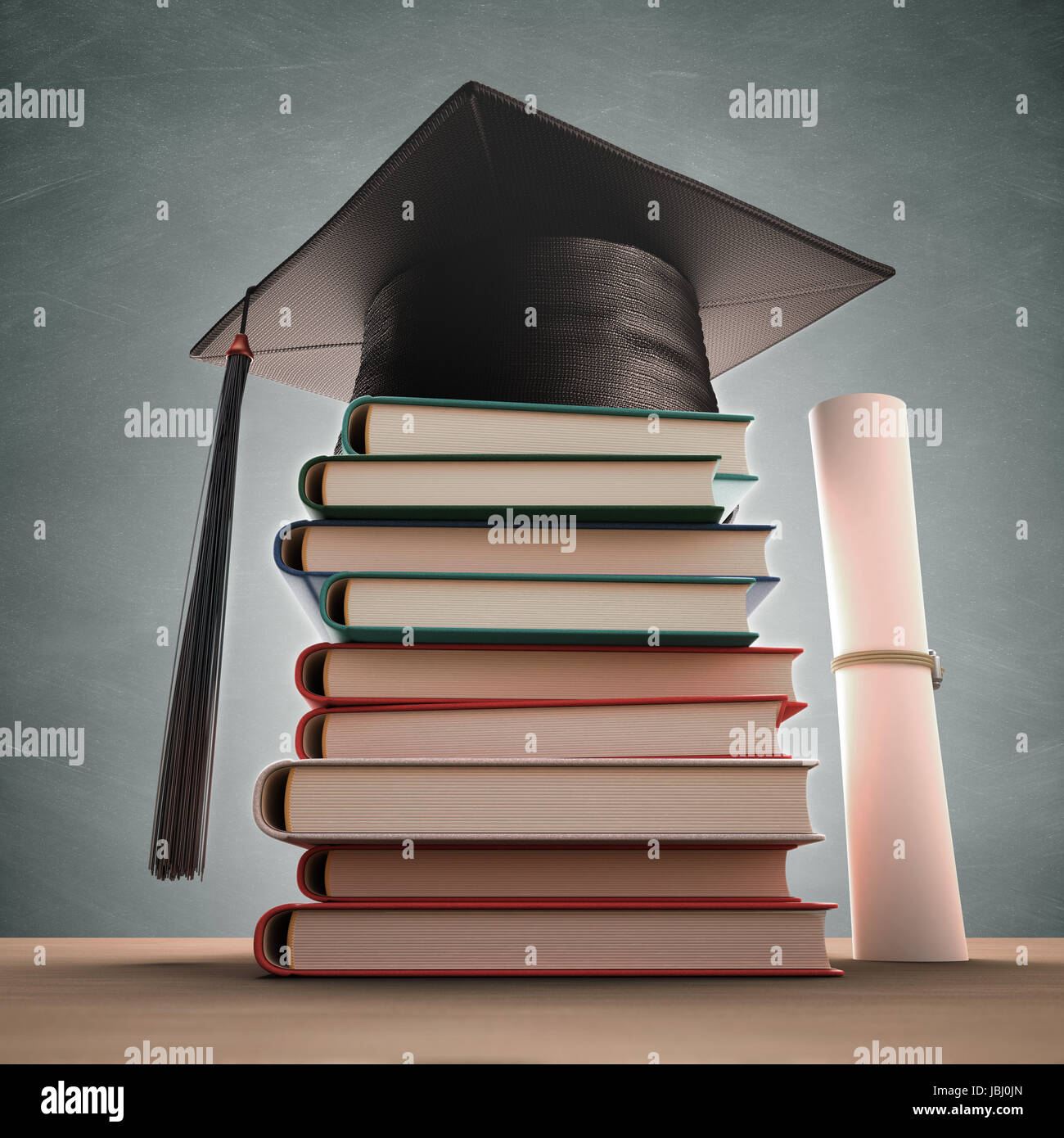 Graduation cap over the pile of books with blackboard on background ...