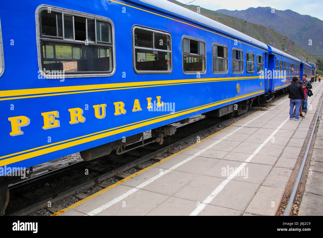 Perurail carriages for locals at the train station in Ollantaytambo ...