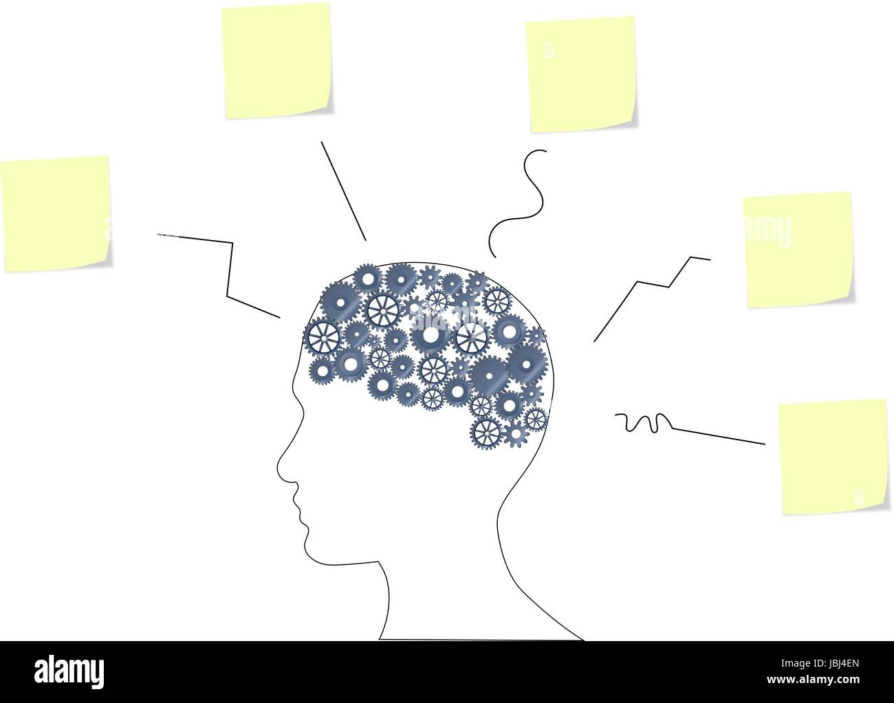 Illustration of a brain with many ideas on paper notes Stock Photo - Alamy