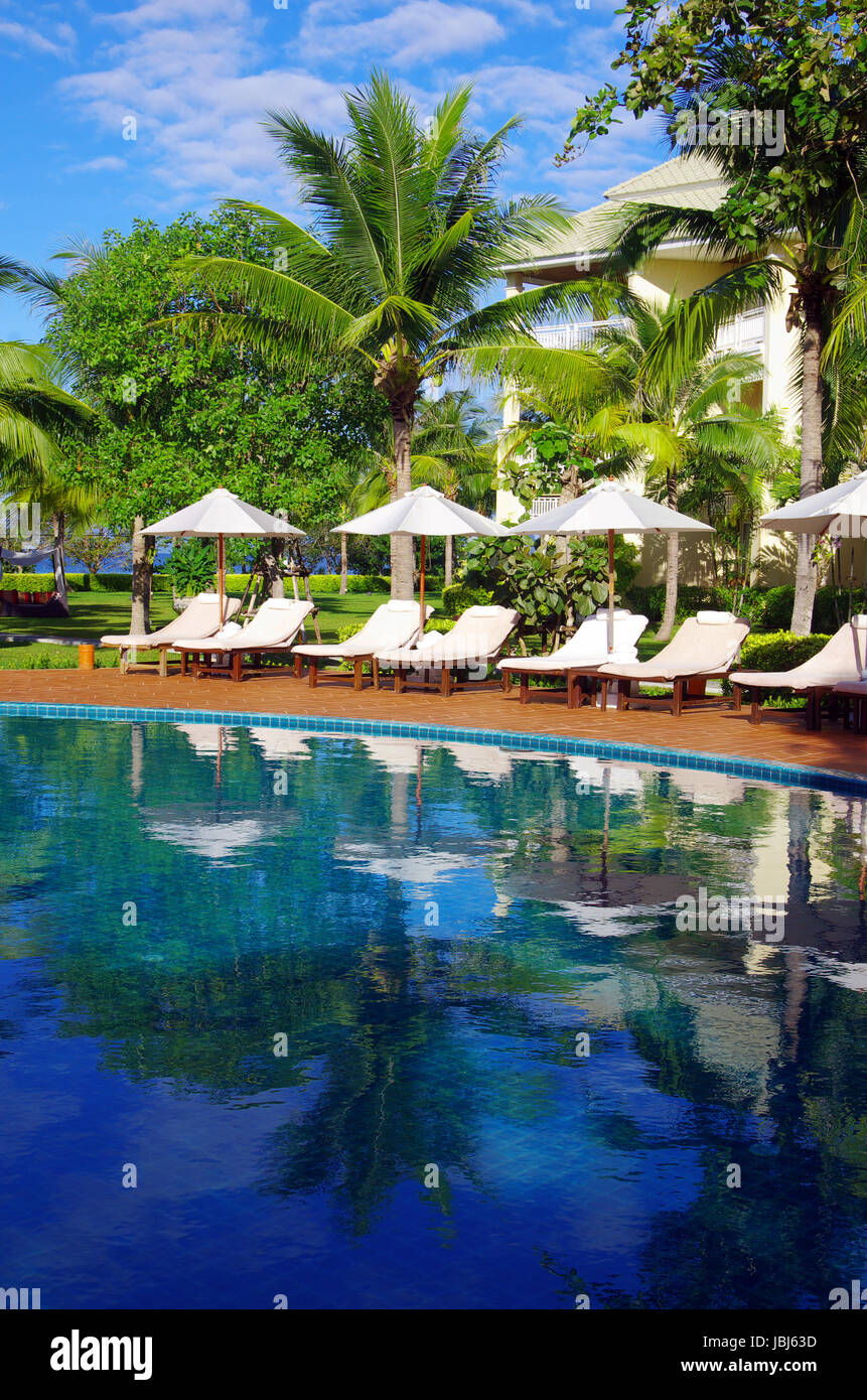 tropical swimming pool with coconut tree and white umbrella Stock Photo ...