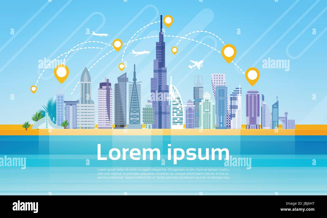 Dubai City Skyscraper View With Gps Navigation Pins Cityscape ...