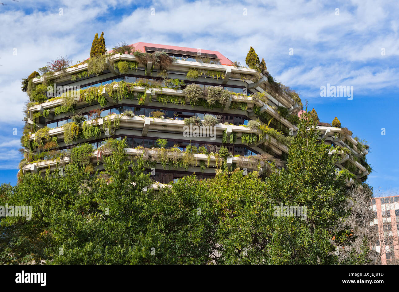 Facade of a building with greenery and flowers on a background of blue ...