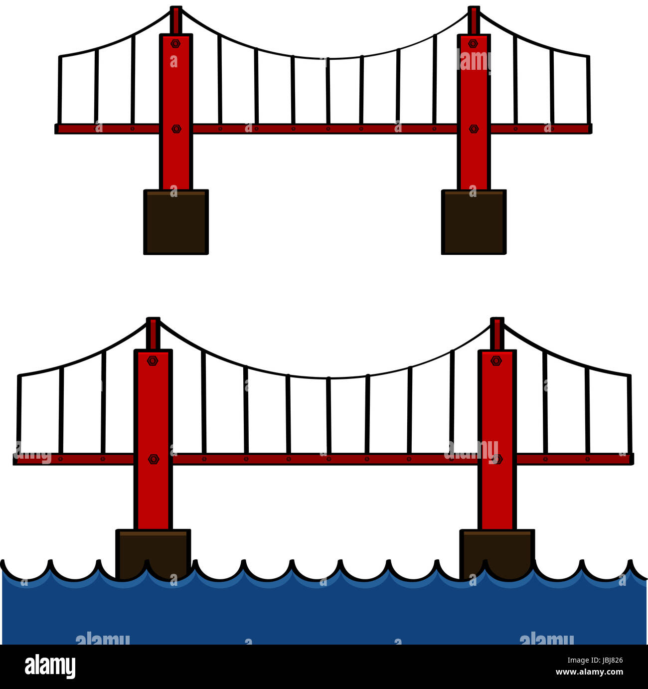 Cartoon illustration showing a bridge standing by itself and over water ...