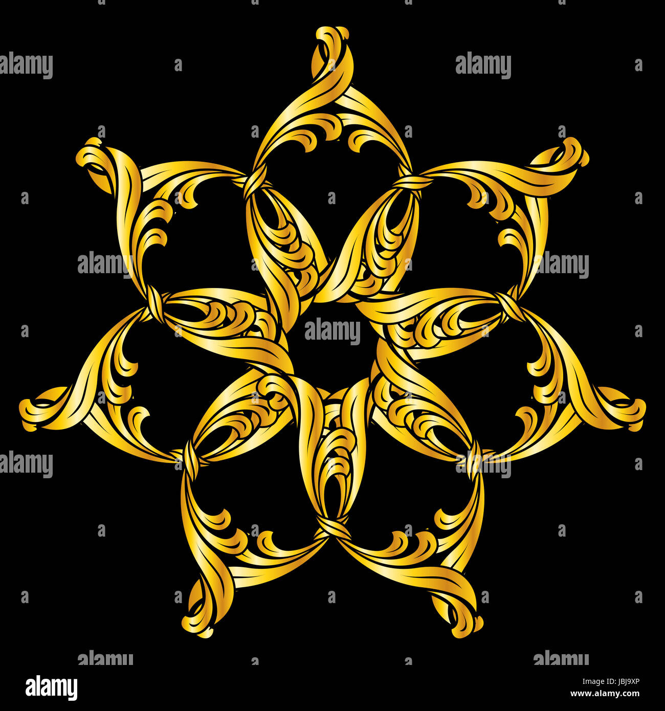Ornate flower pattern in golden shades on black background Stock Photo ...