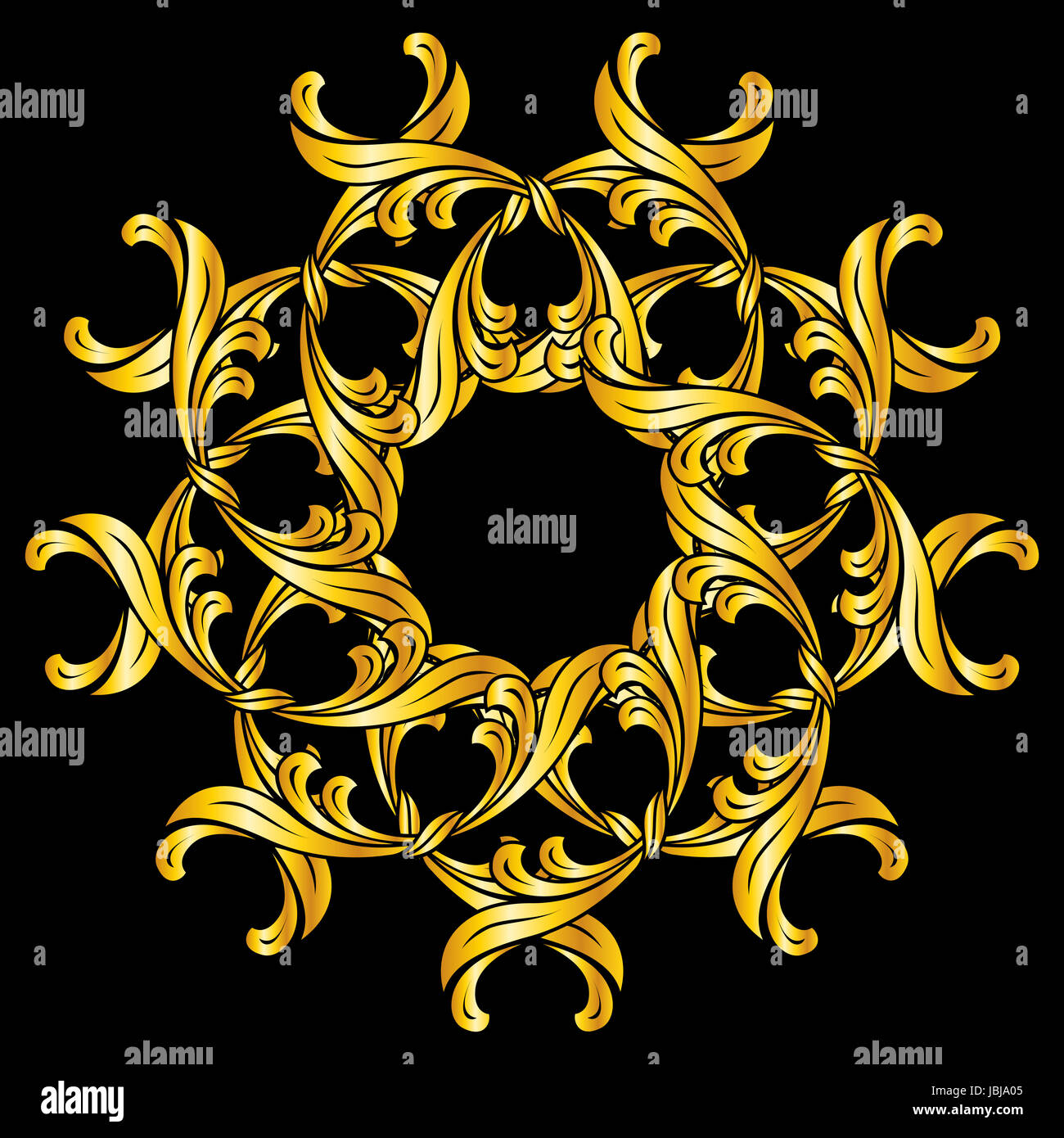 Ornate florid pattern in gold colors on black background Stock Photo ...