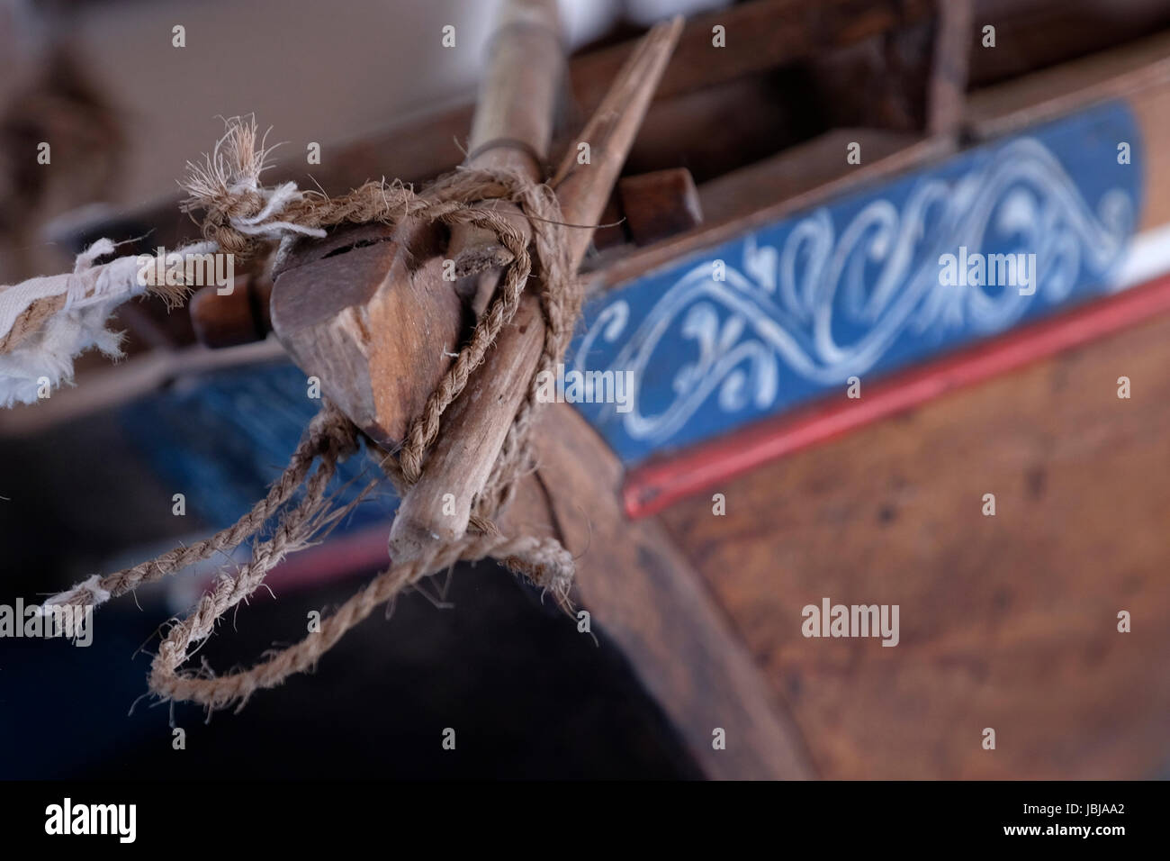 Close up of a miniature model of a Dhow traditional sailing vessel ...