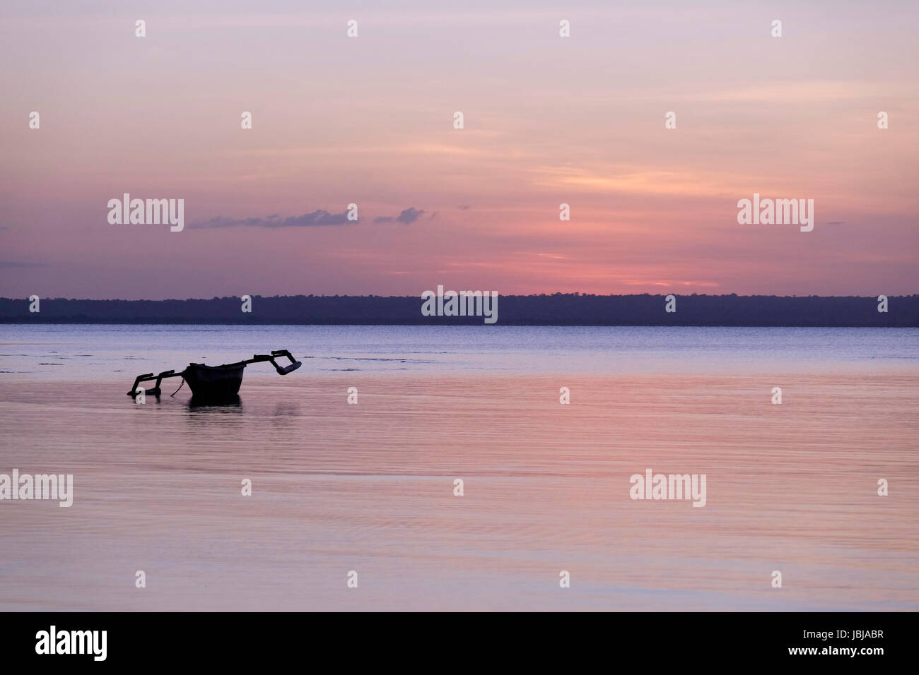 A Ngalawa traditional, double-outrigger canoe anchored at the seashore ...