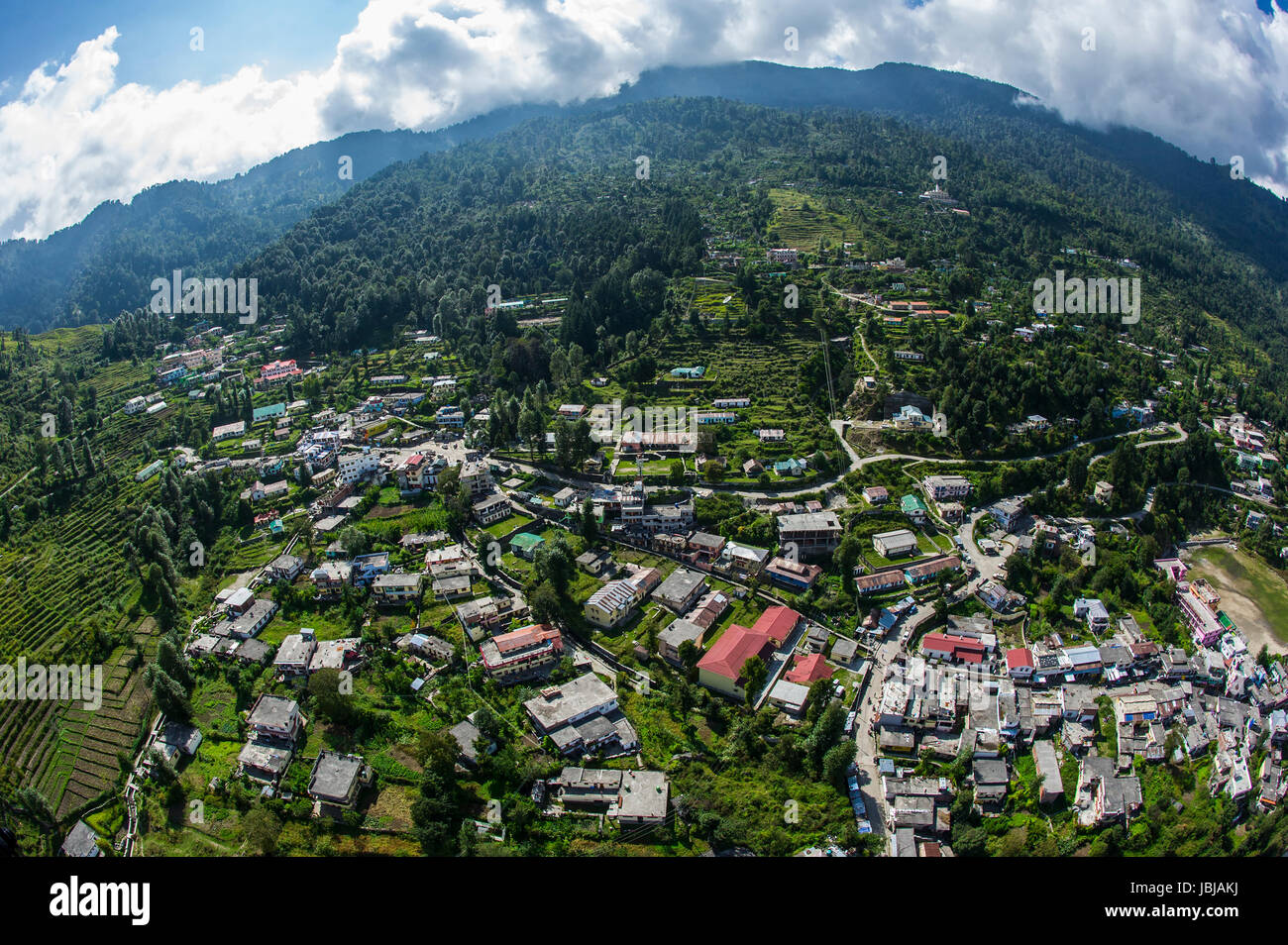 Aerial view of the Himalayan town of Munsyari, Pithoragarh District in ...