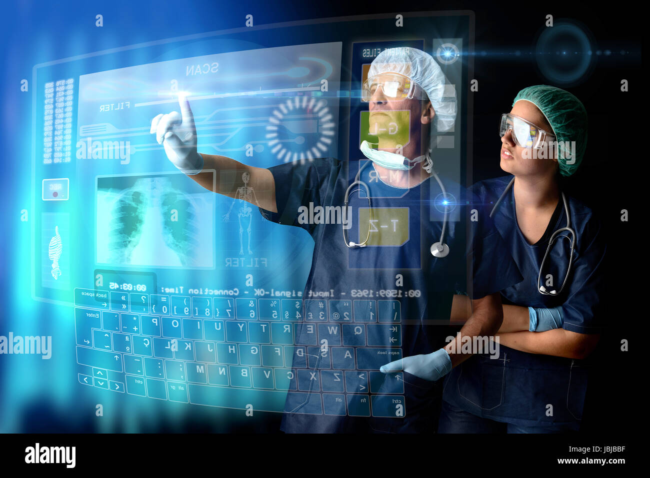 Doctors in a research station with digital screens and keyboard Stock ...