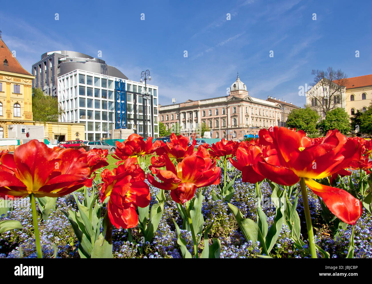 Zagreb colorful flora and architecture, Marshal Tito square Stock Photo ...