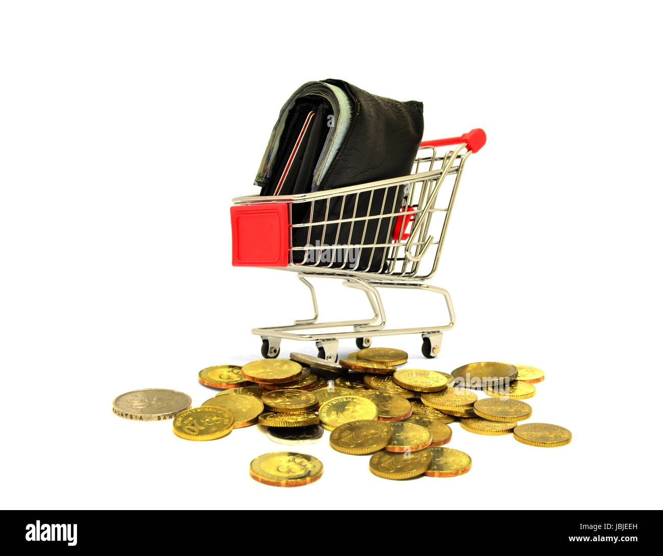 Shopping Cart with Coins and Wallet Stock Photo - Alamy