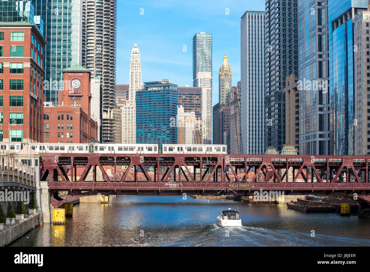 City of Chicago downtown and River with bridges Stock Photo - Alamy