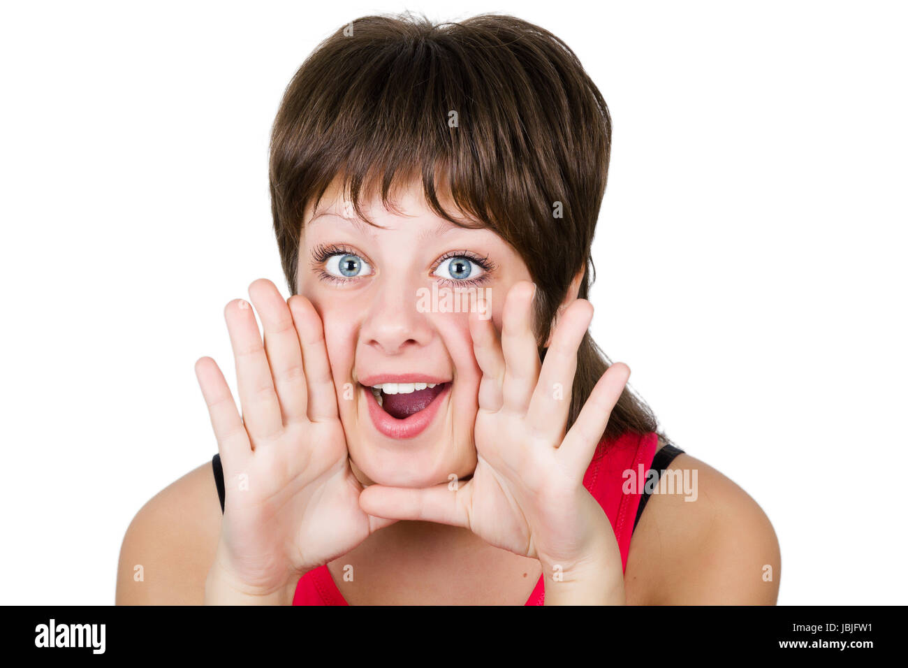 young beautiful girl shouts. isolated on white background Stock Photo ...