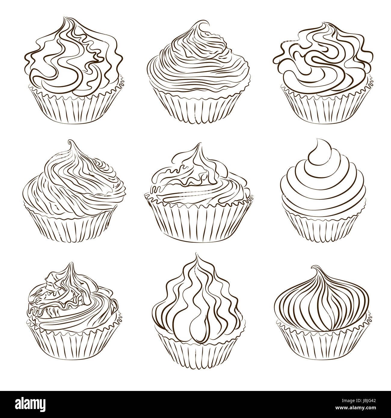 Set of hand drawn cupcake sketch isolated on white Stock Photo - Alamy