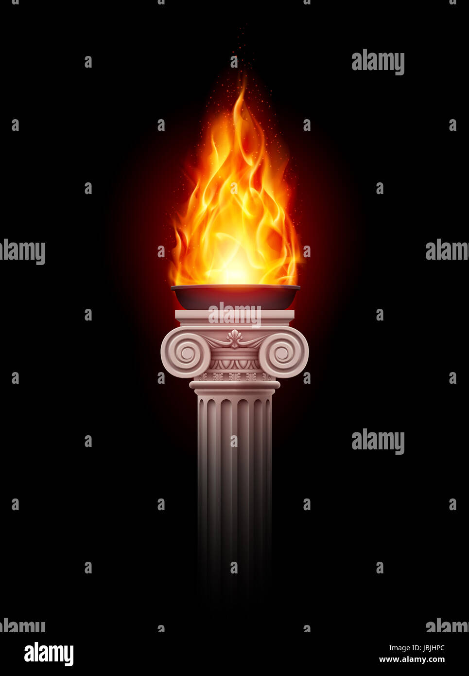 Ancient column with fire blazing in darkness. Mystic illustration Stock ...