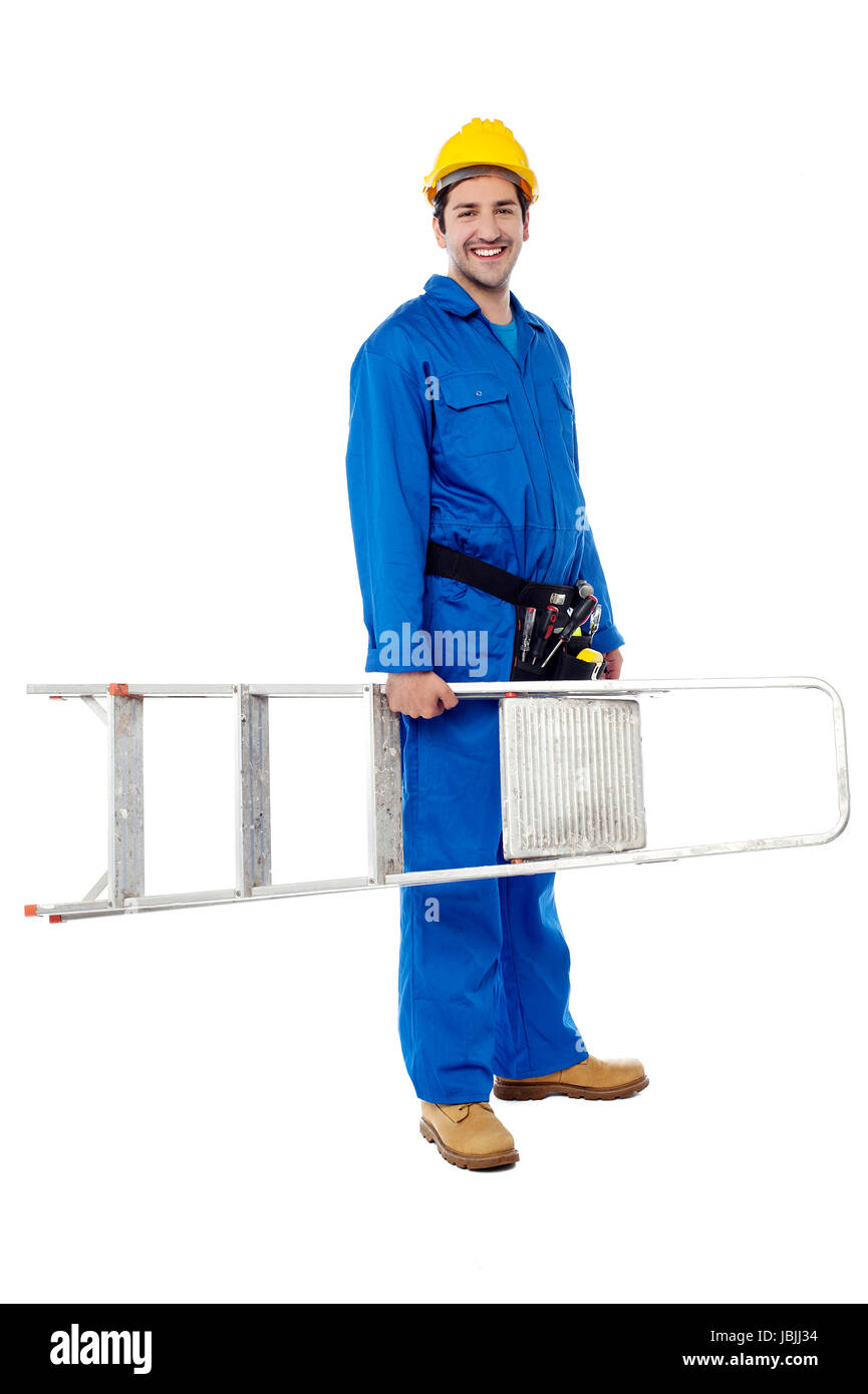 Handyman with step-ladder, isolated on white Stock Photo - Alamy