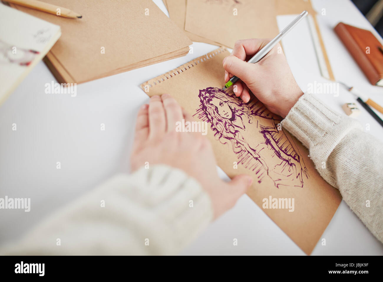 Image of picture of beautiful young female being drawn by man Stock ...