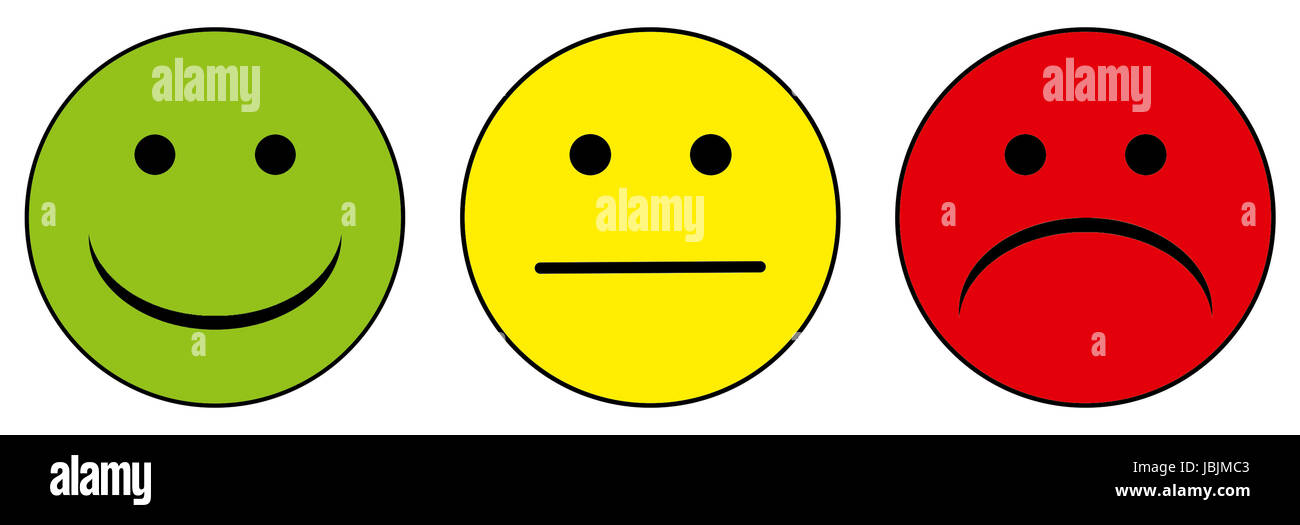A green, a yellow and a red smiley from happy to sad looking Stock ...