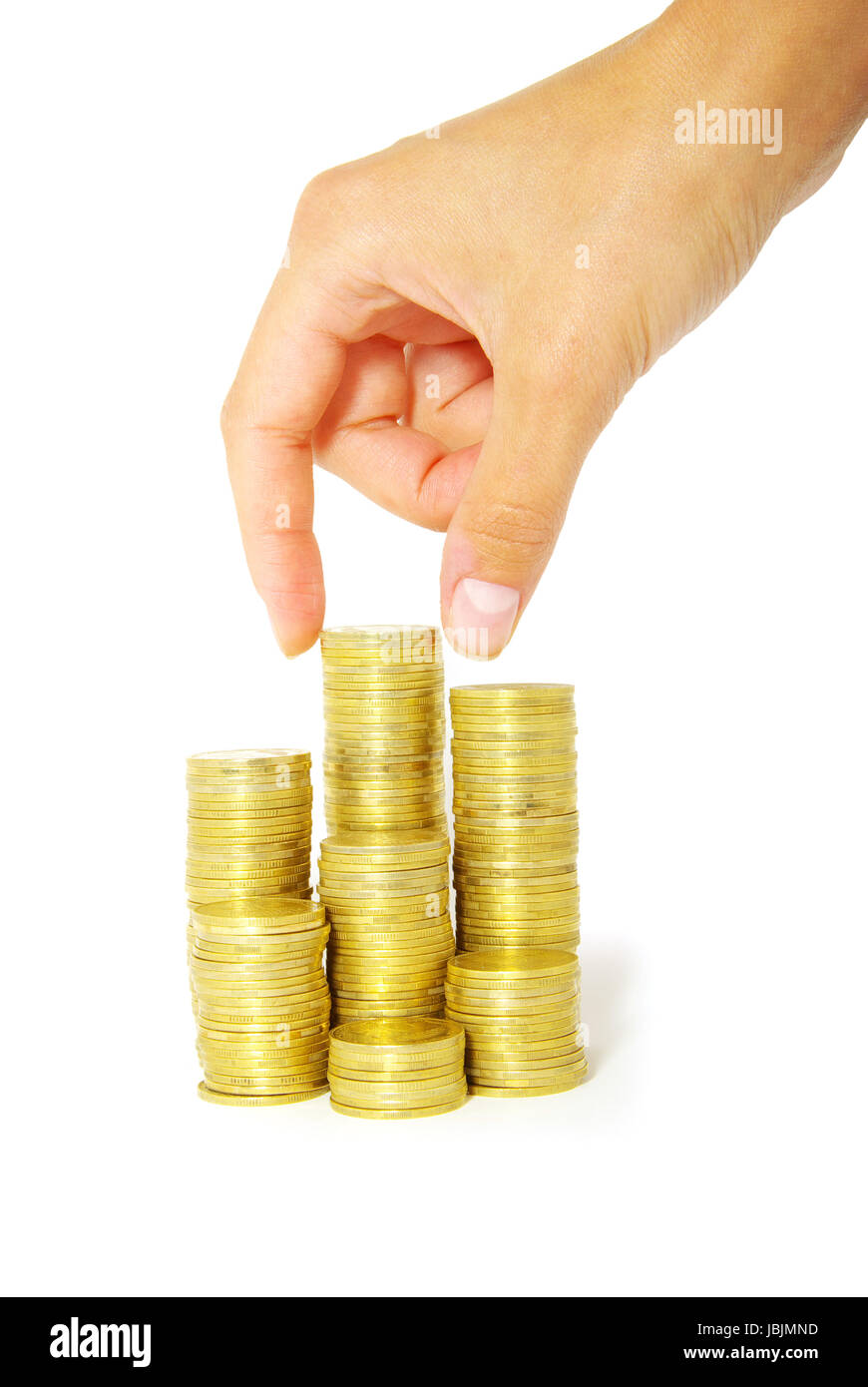 Hand put coin to money staircase isolated on white background Stock ...
