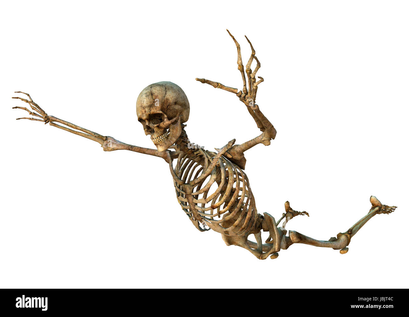 3D digital render of an old flying human skeleton isolated on white ...