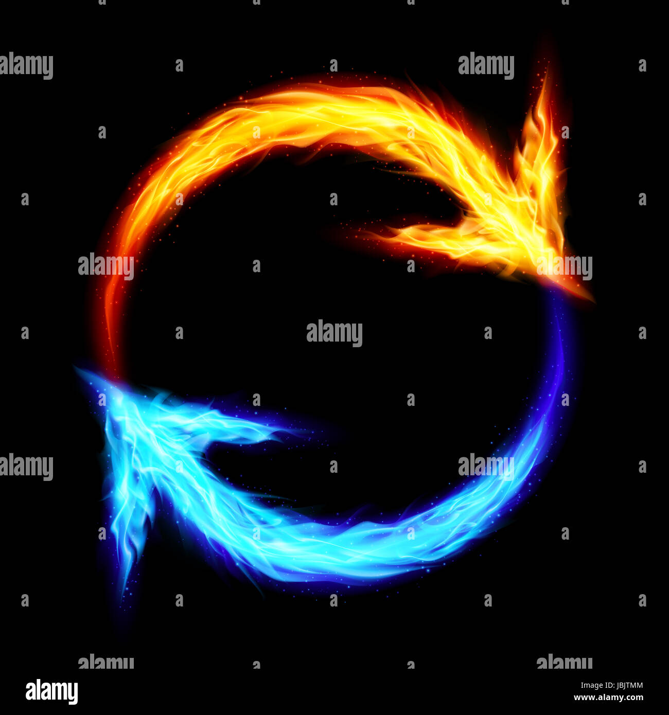 Orange and blue fire circular arrows on black background Stock Photo ...