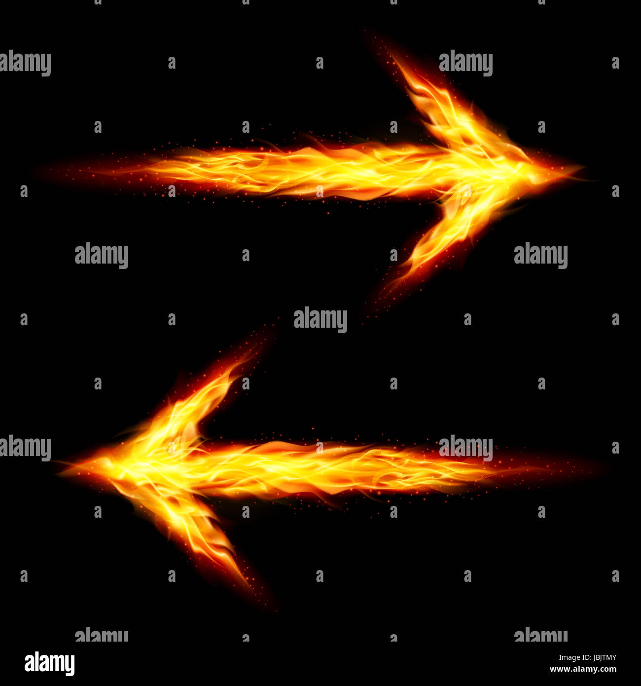 Two fire arrows pointing in opposite directions on black background ...