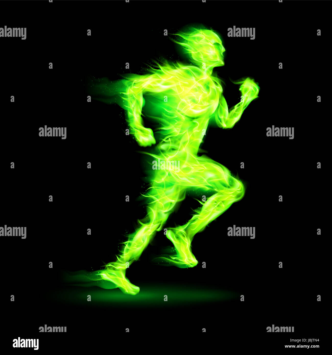 Green fiery running man with motion effect on black background Stock ...