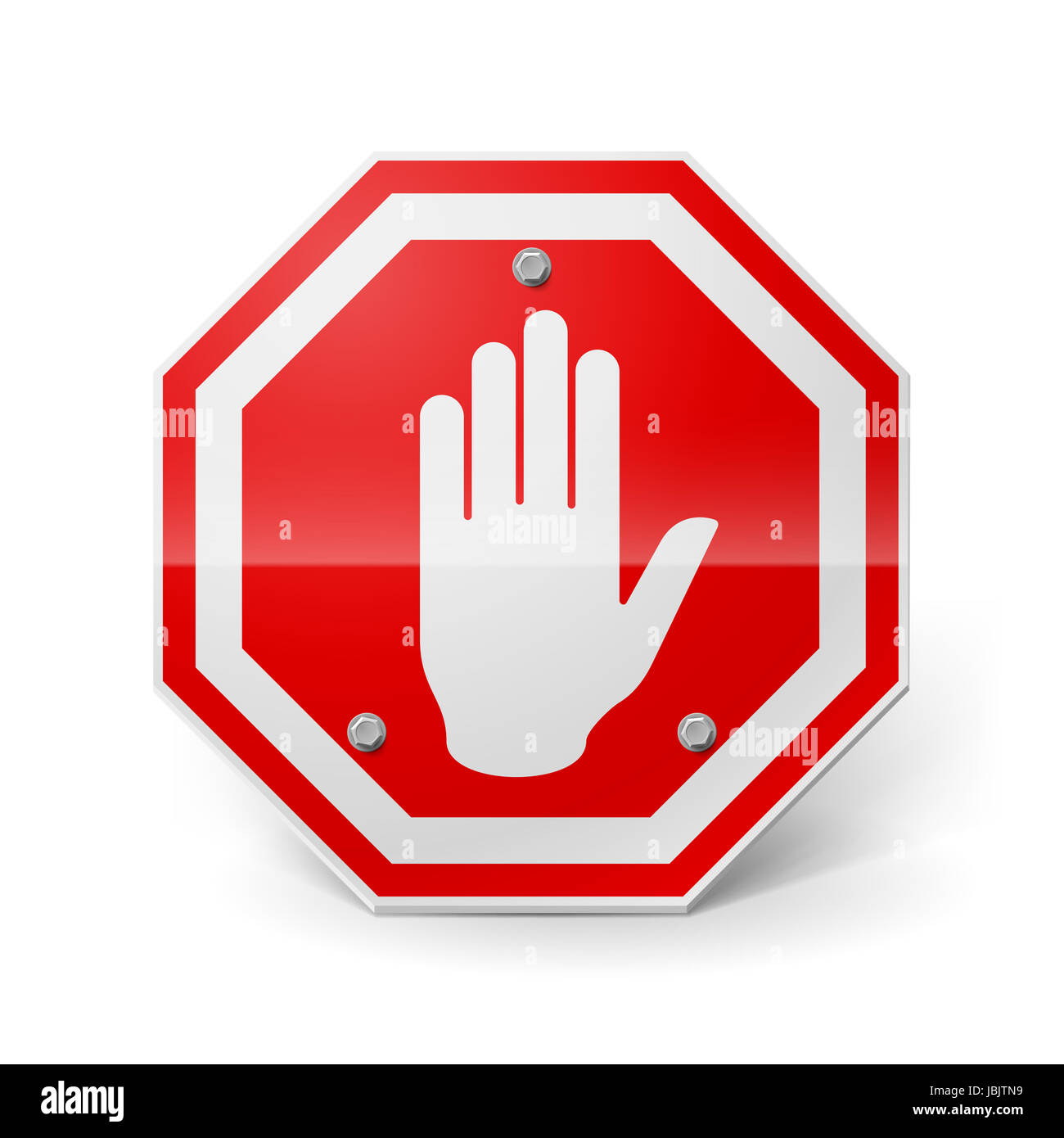 Shiny red metal stop sign with hand image over white Stock Photo - Alamy