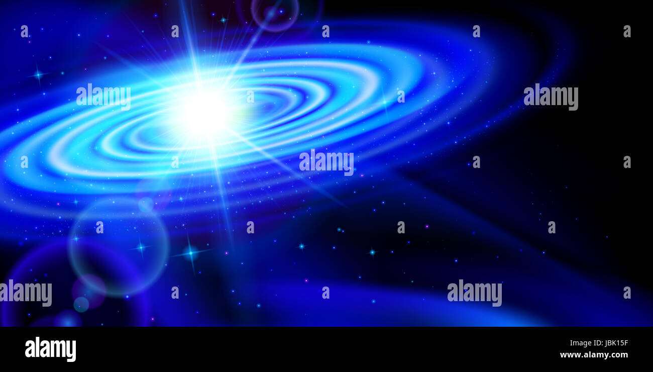 Space background. Blue galaxy with bright flash among stars in dark ...