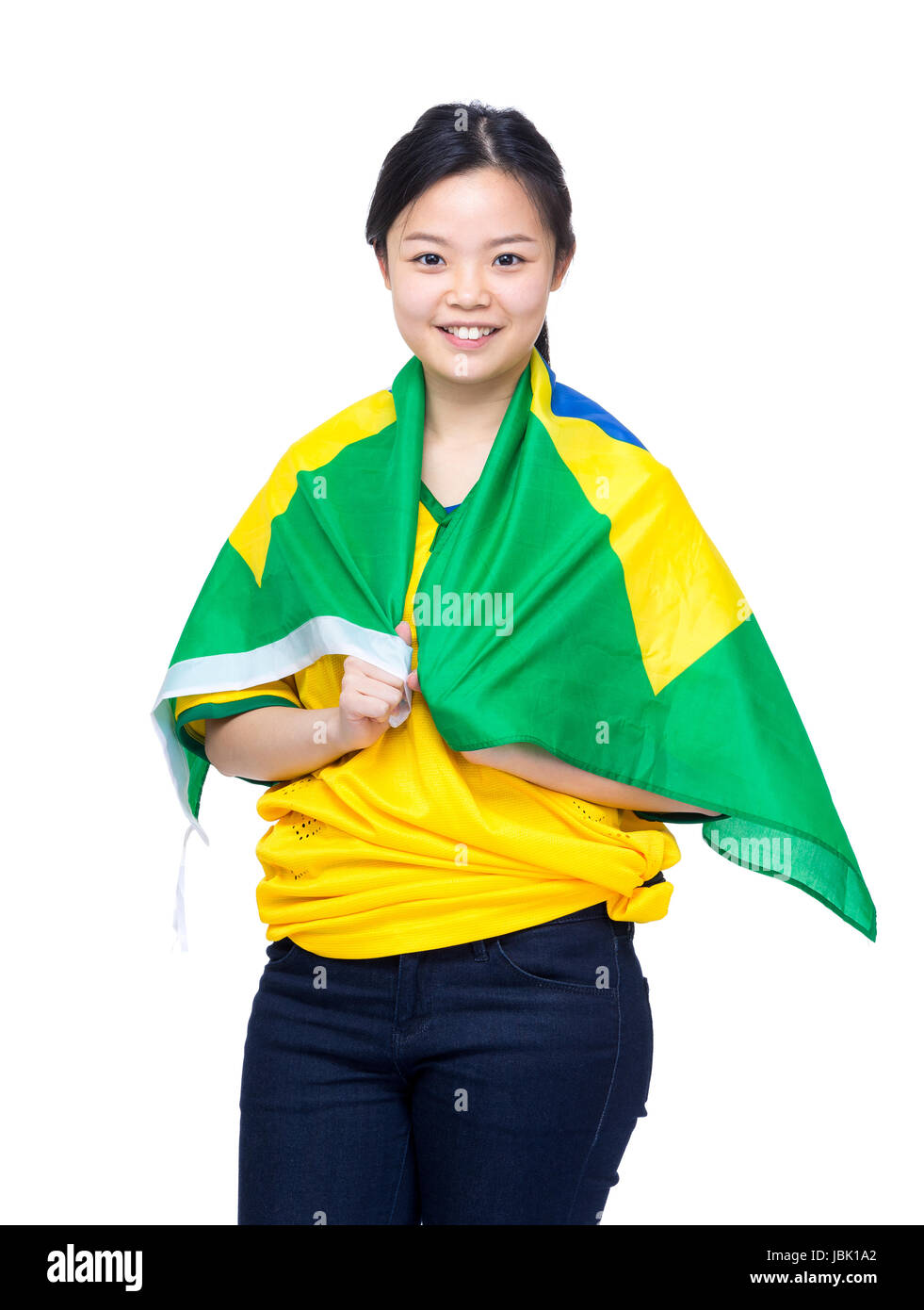 Asia female soccer fans draped with Brazil flag Stock Photo - Alamy