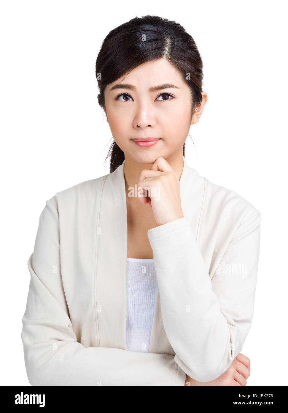 Woman thinking with hand touch her face Stock Photo - Alamy
