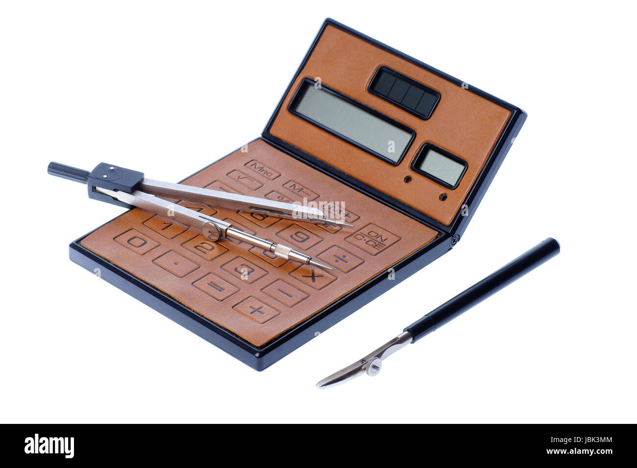 brown calculator and compass on white background Stock Photo - Alamy