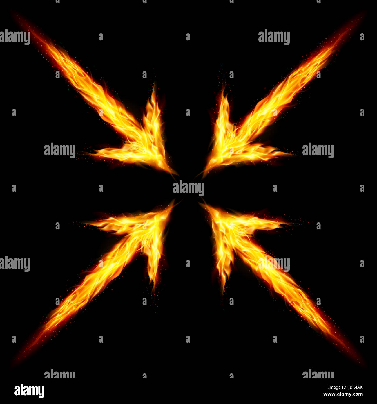Four fire arrows directed to the centre. Illustration on black ...